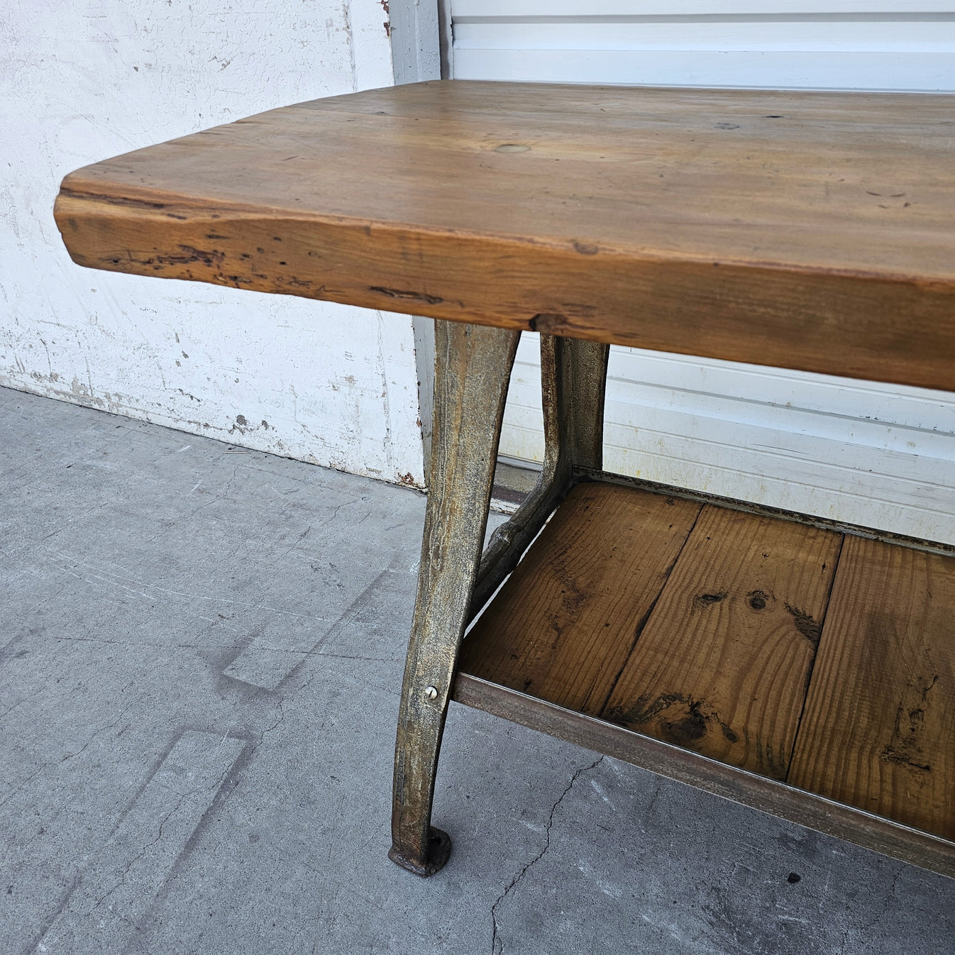 Large Industrial Console Table with Iron Base and Shelf – Antiquities Warehouse