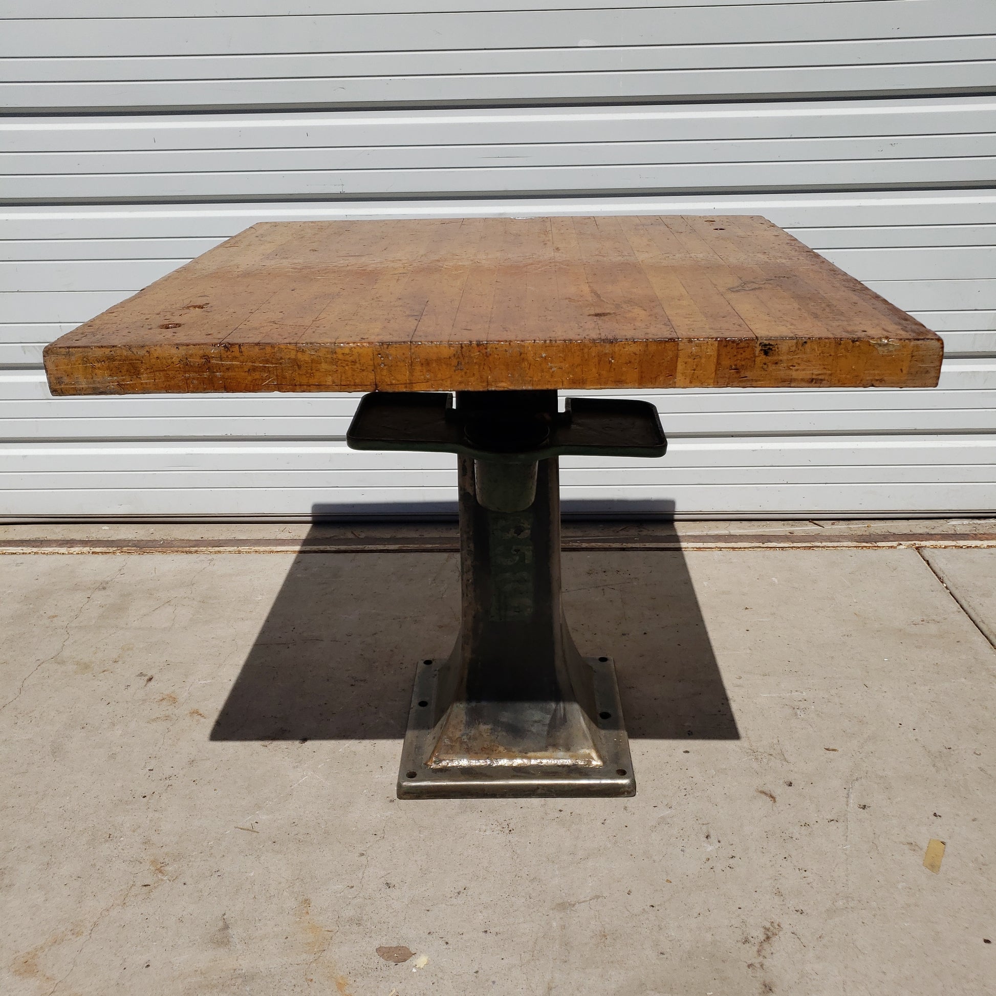 Machine Base Pedestal Table with Wood Top – Antiquities Warehouse